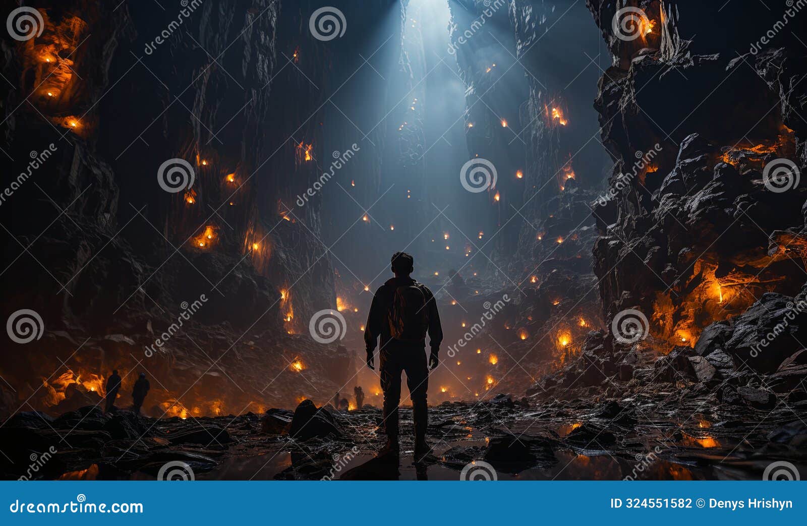 Man Standing in Front of Cave with Fire. Stock Photo - Image of hazard ...