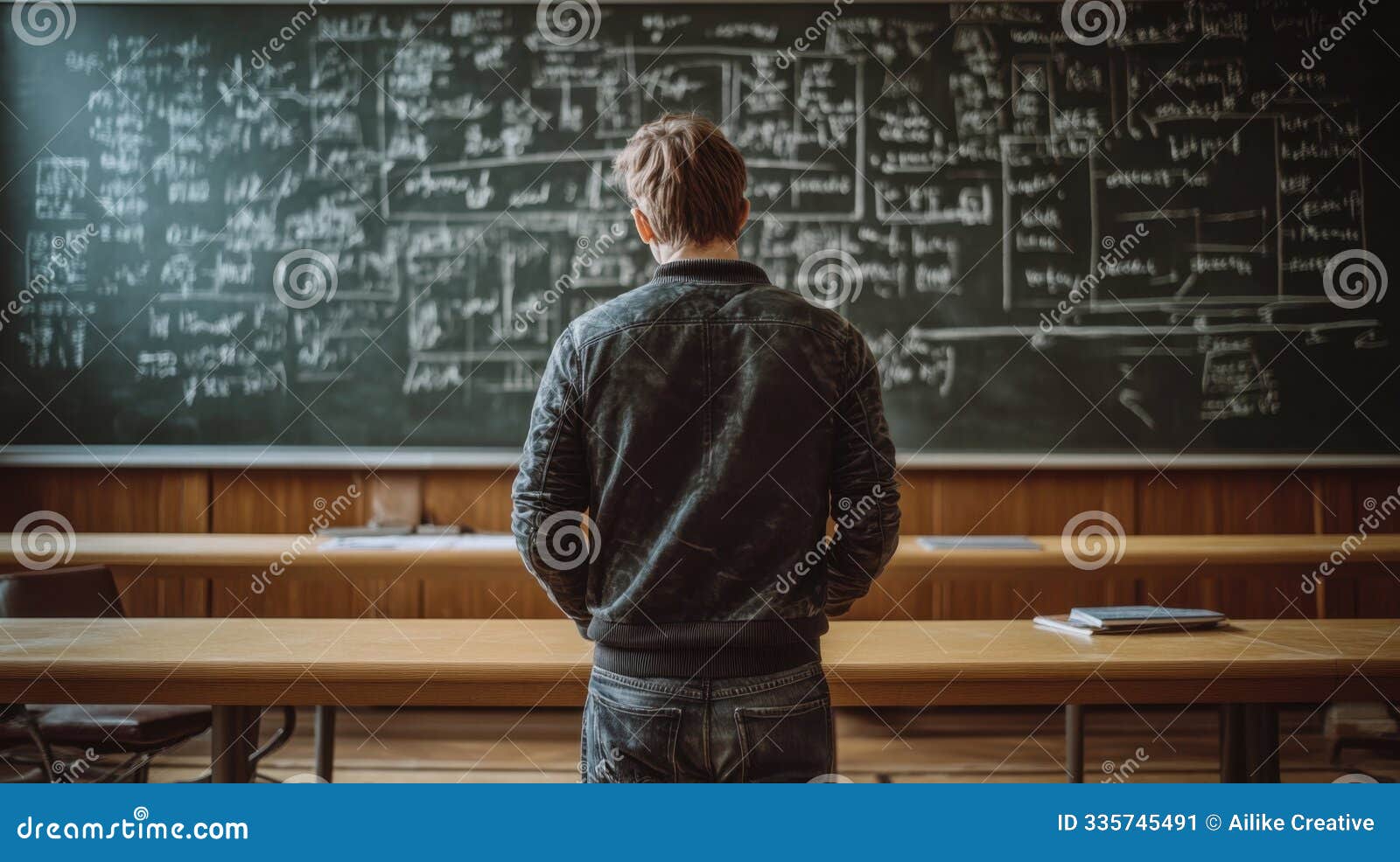 A Man Standing in Front of a Chalkboard with Complex Equations. Concept ...