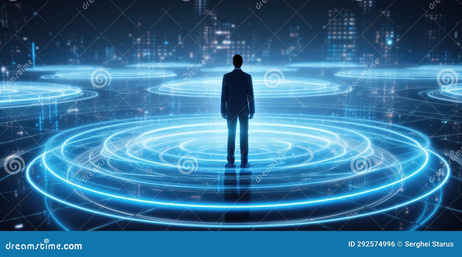 A Man Standing in Front of a Circle of Glowing Circles, AI Stock Photo ...