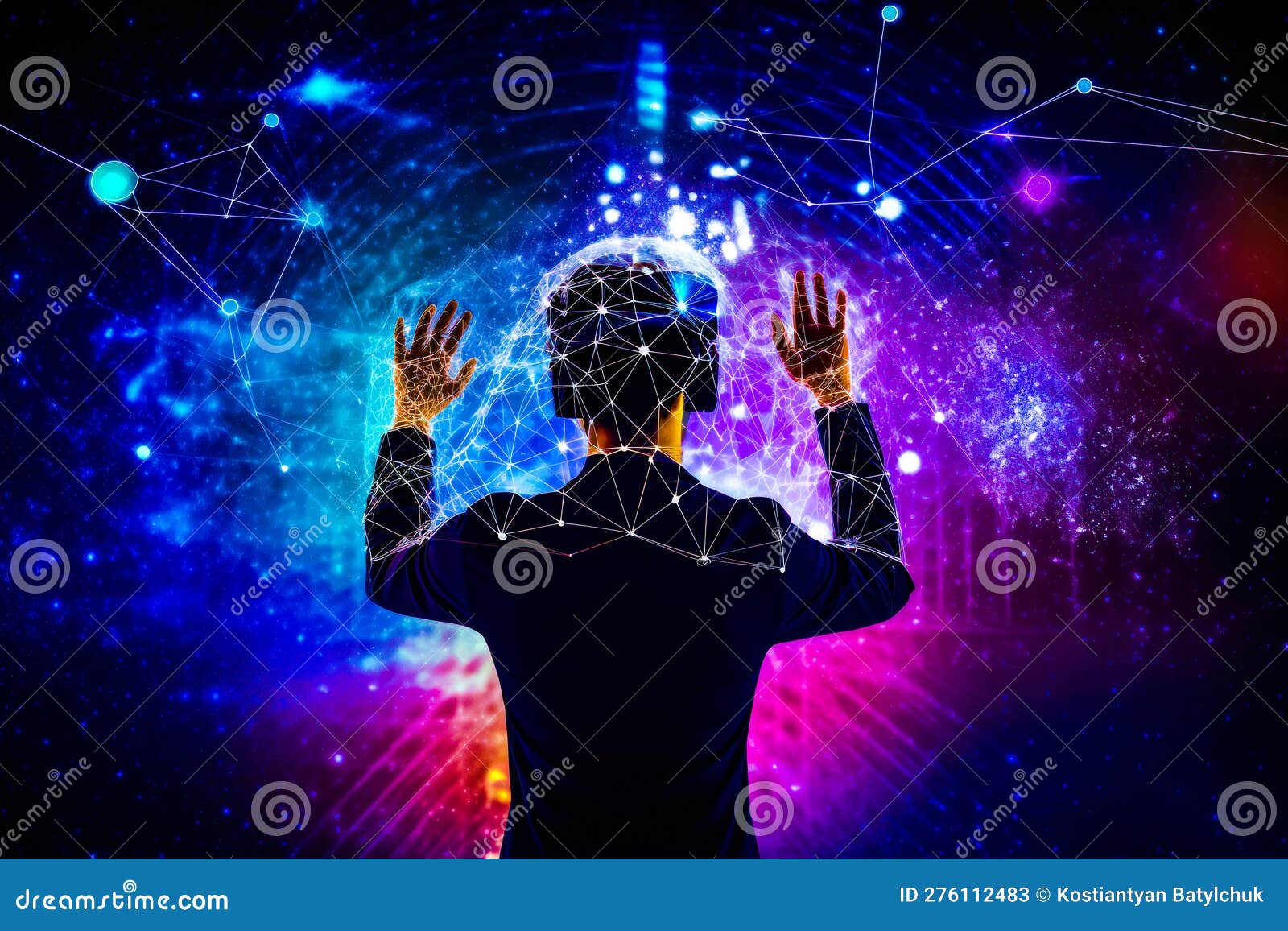 Man Standing in Front of Colorful Background with His Hands in the Air ...