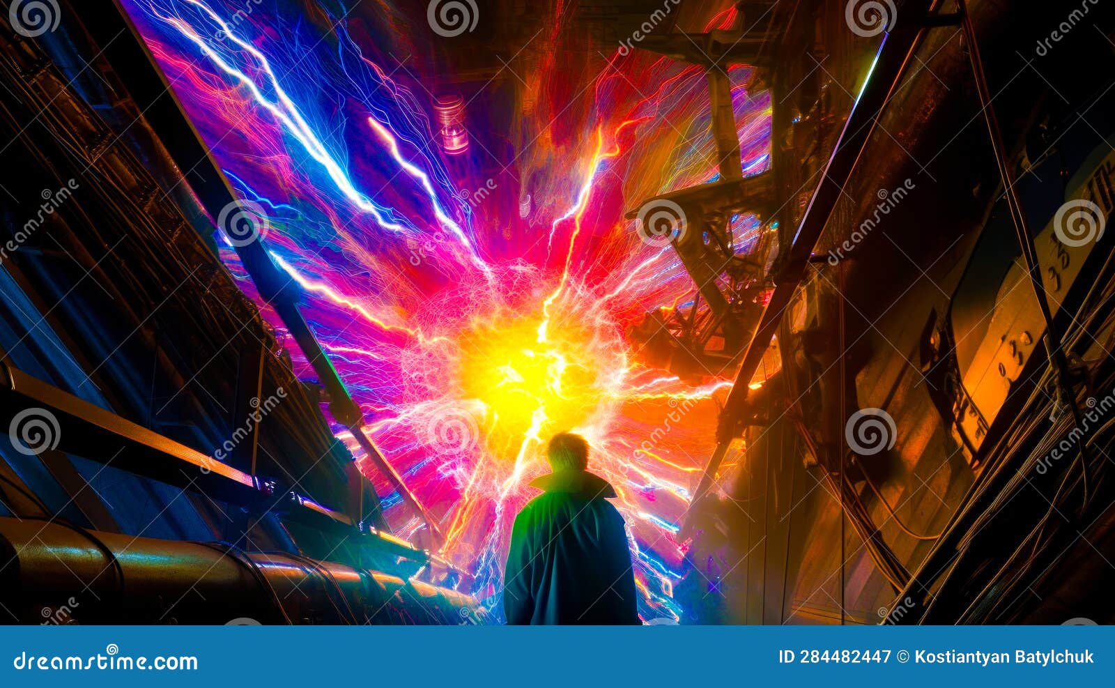 Man Standing in Front of Colorful Explosion of Lightening in Building ...