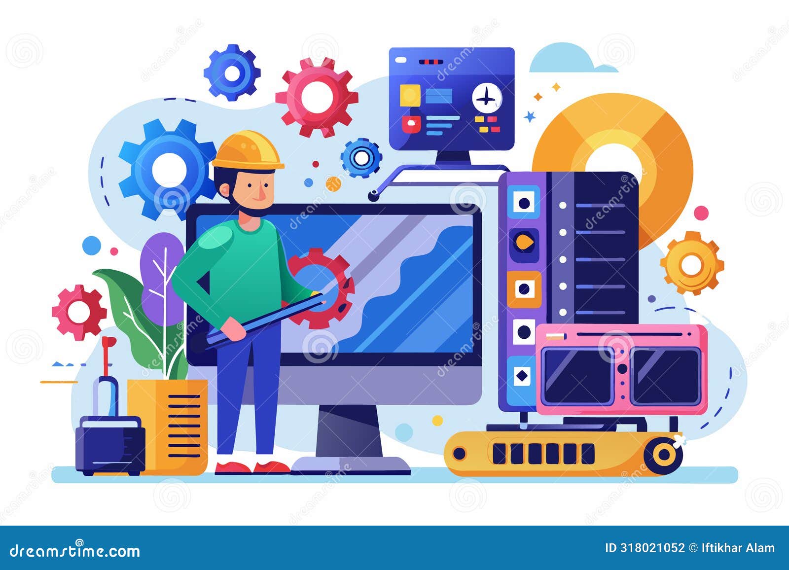 A Man is Standing in Front of a Computer, Focusing on Troubleshooting Customizable Settings ...