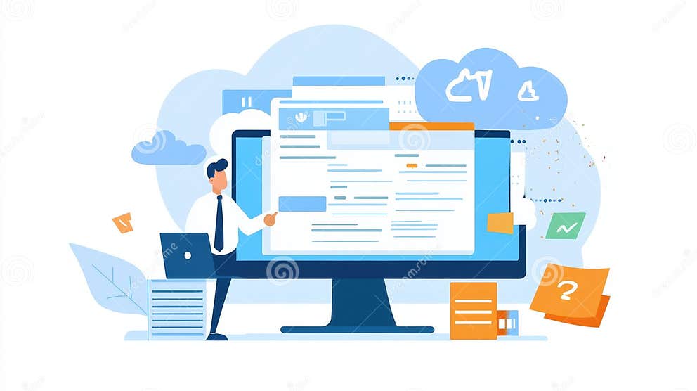 A Man Standing in Front of a Computer Screen with a Question Mark on it ...