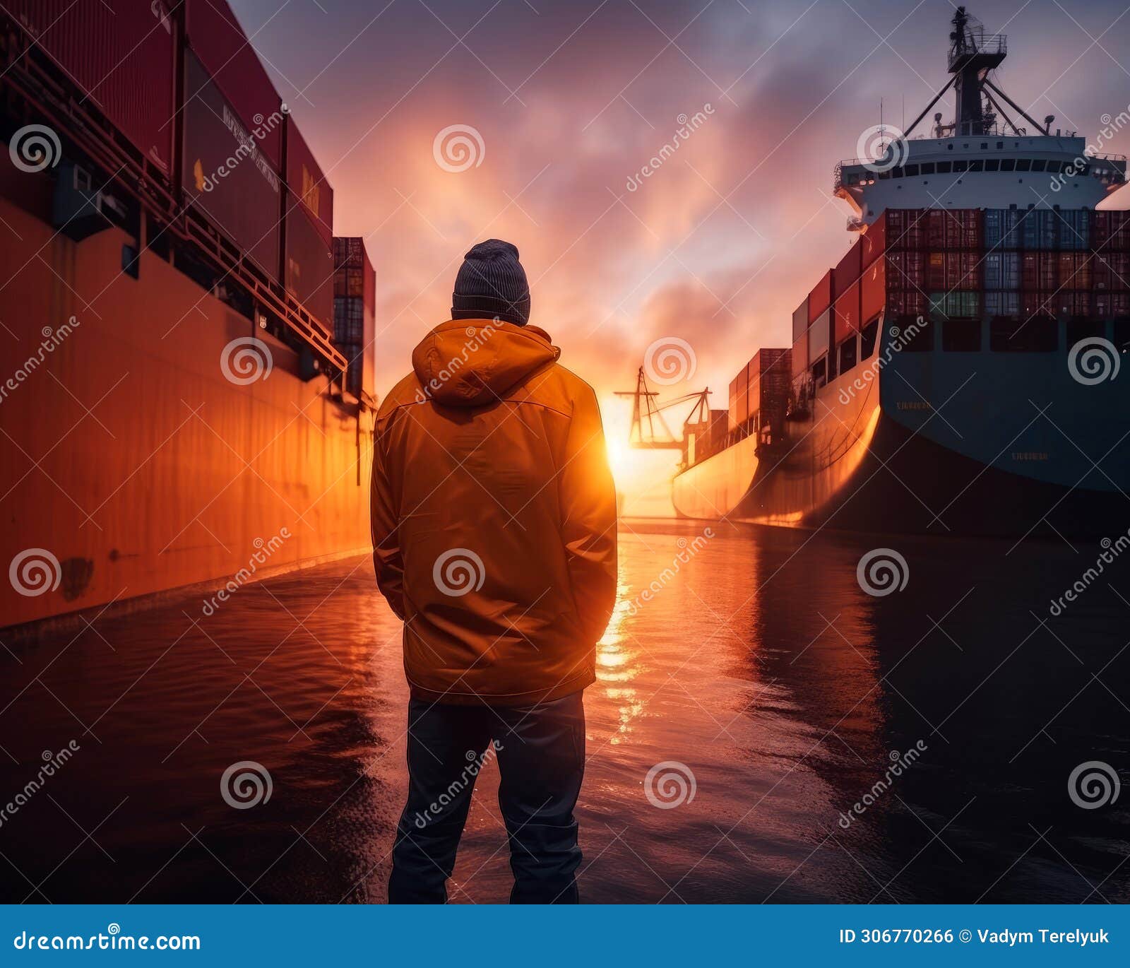 Man Standing in Front of a Container Ship at Sunset. a Man Standing in ...