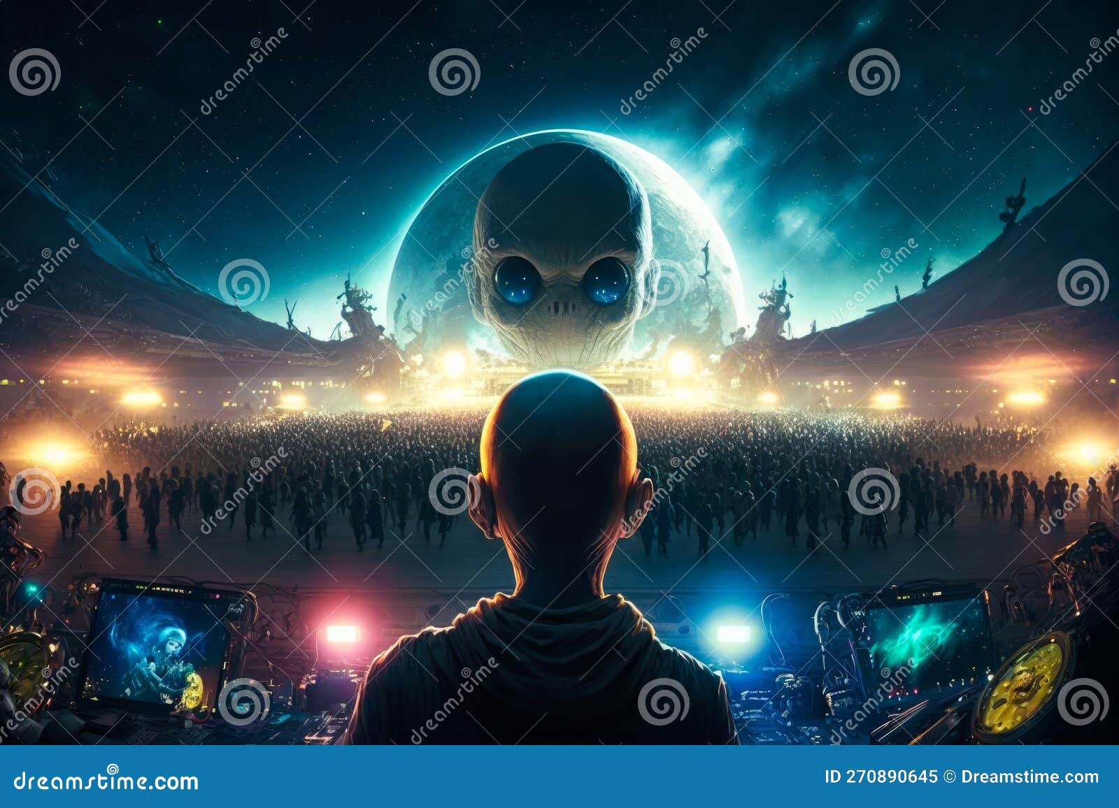 Man Standing in Front of Crowd with an Alien Spaceship in the ...