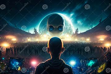 Man Standing in Front of Crowd with an Alien Spaceship in the ...