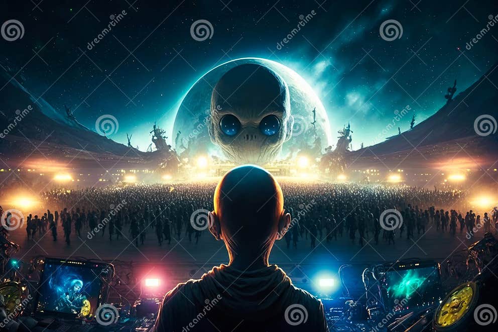 Man Standing in Front of Crowd with an Alien Spaceship in the ...