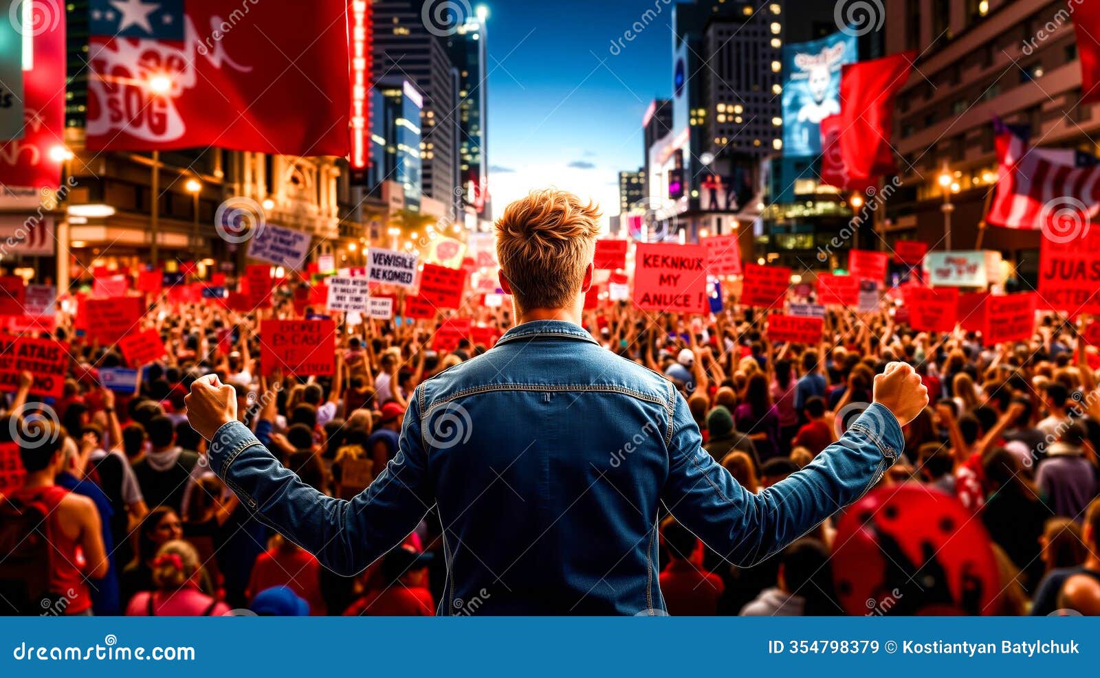A Man Standing in Front of a Crowd of People Holding Signs Stock Image ...
