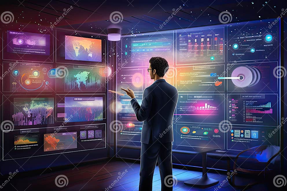 A Man Standing in Front of a Digital Display Showing Complex Data ...