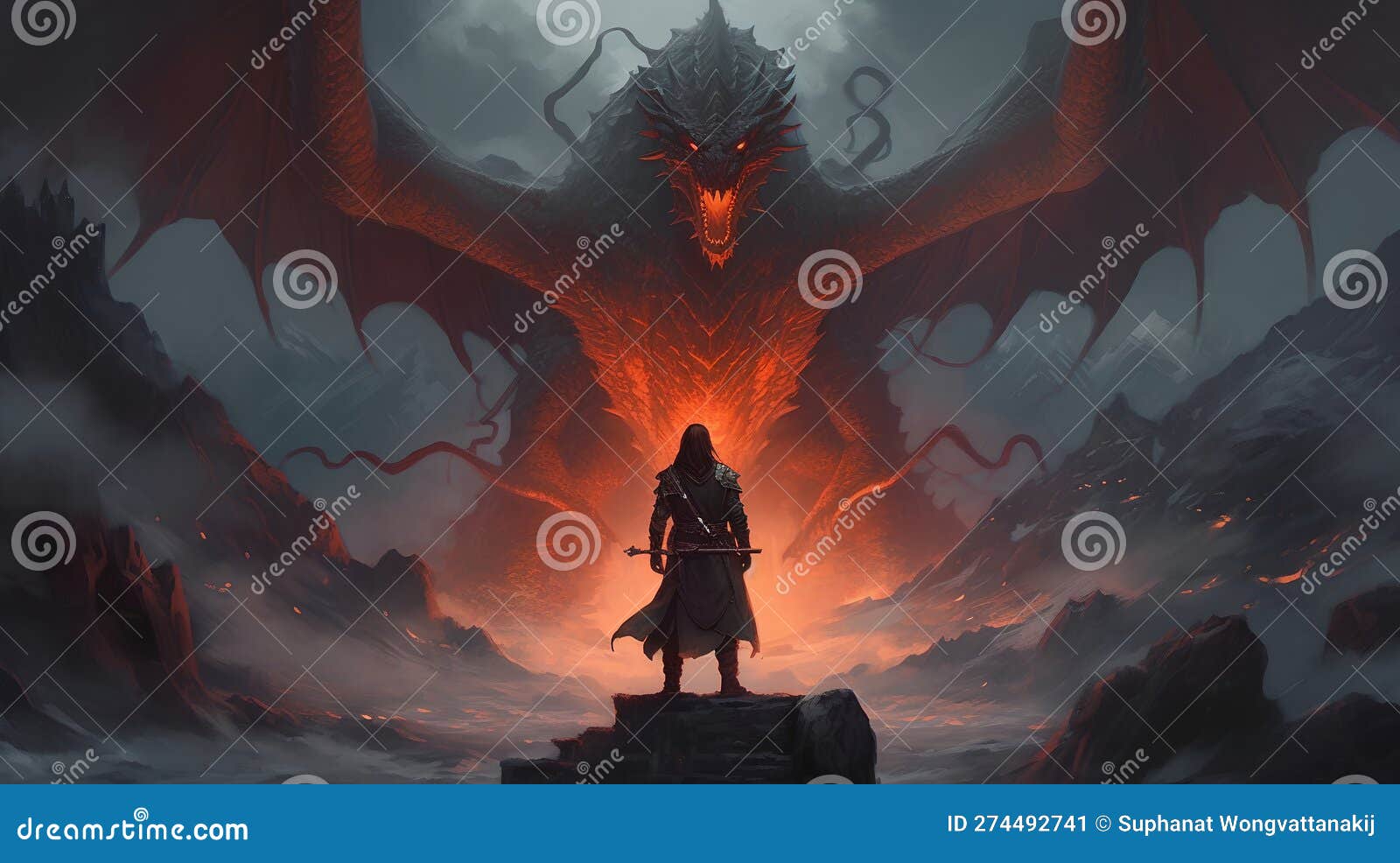 Man Standing in Front of Dragon Concept, Image Ai Generated Stock ...