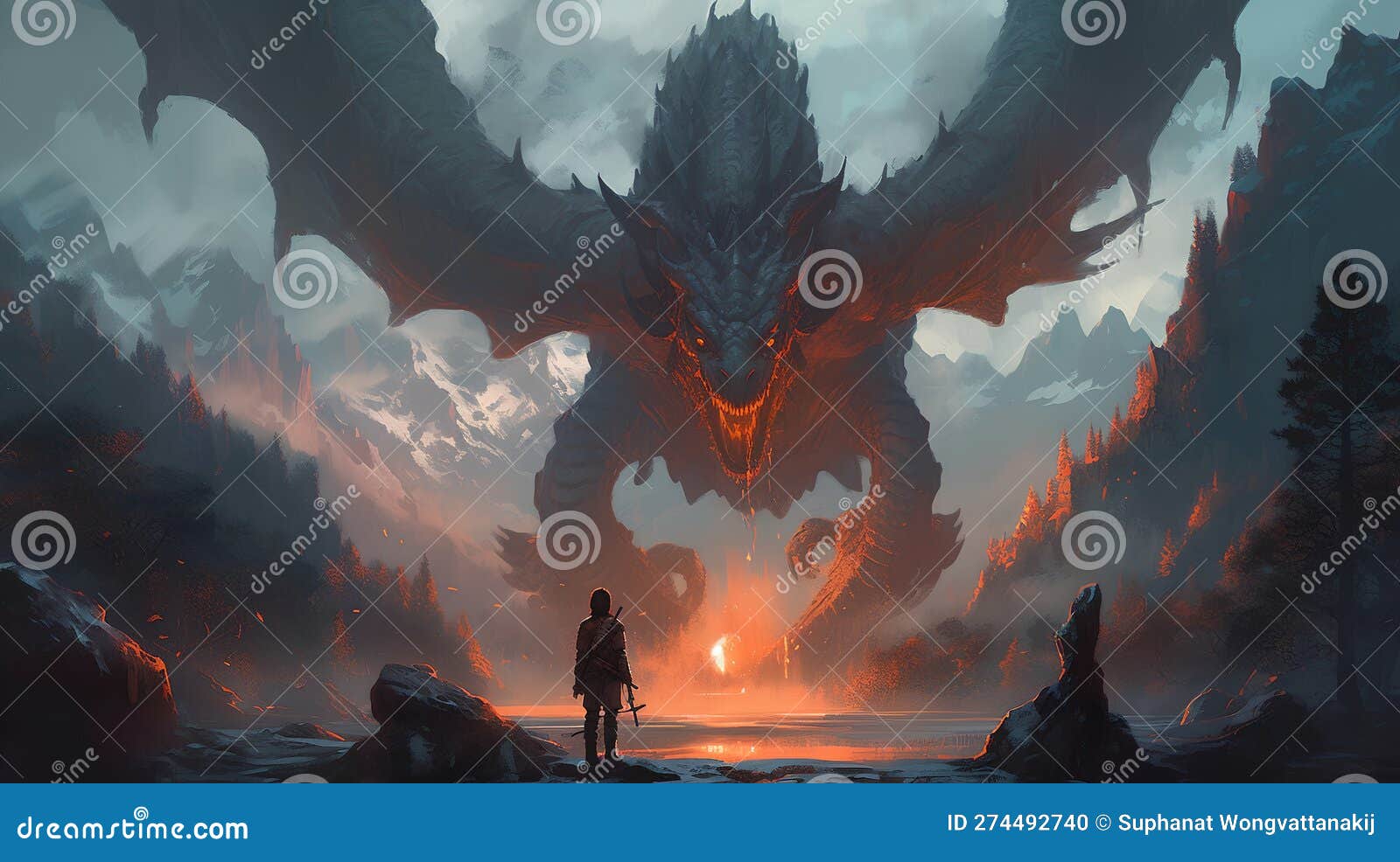 Man Standing in Front of Dragon Concept, Image Ai Generated Stock ...
