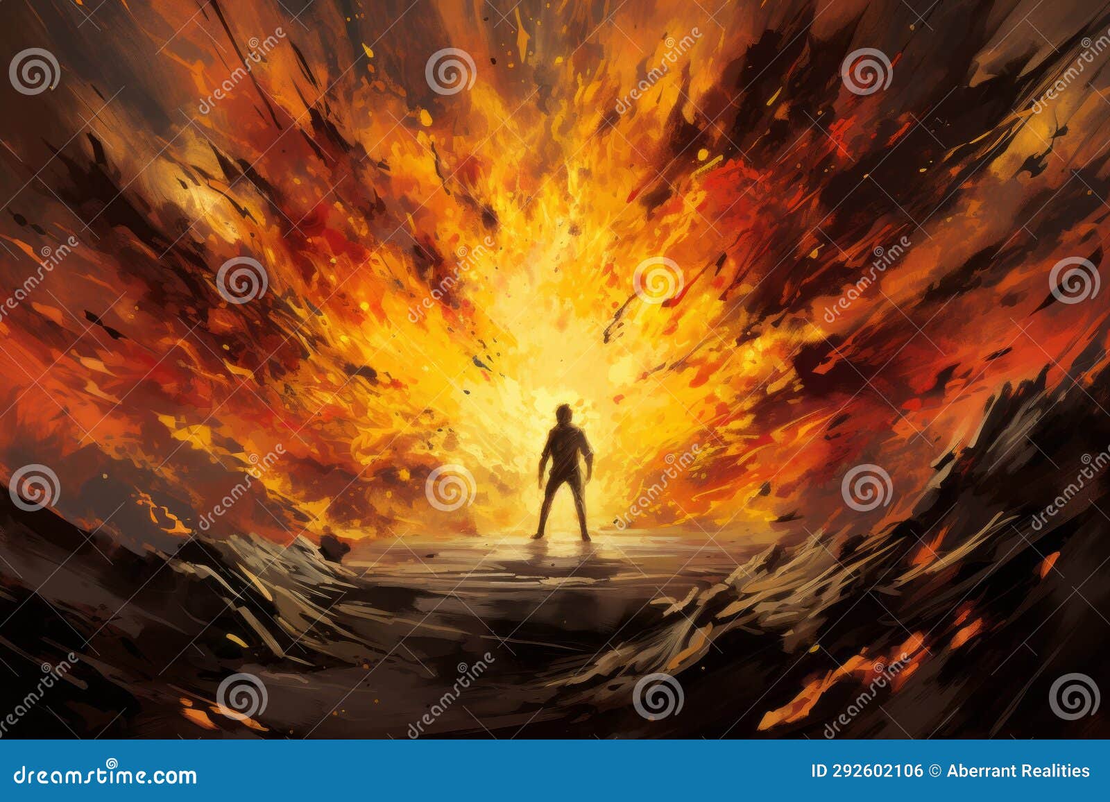 A Man Standing in Front of a Fiery Explosion Stock Illustration ...