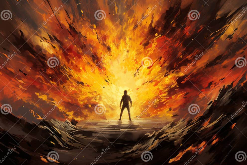 A Man Standing in Front of a Fiery Explosion Stock Illustration ...