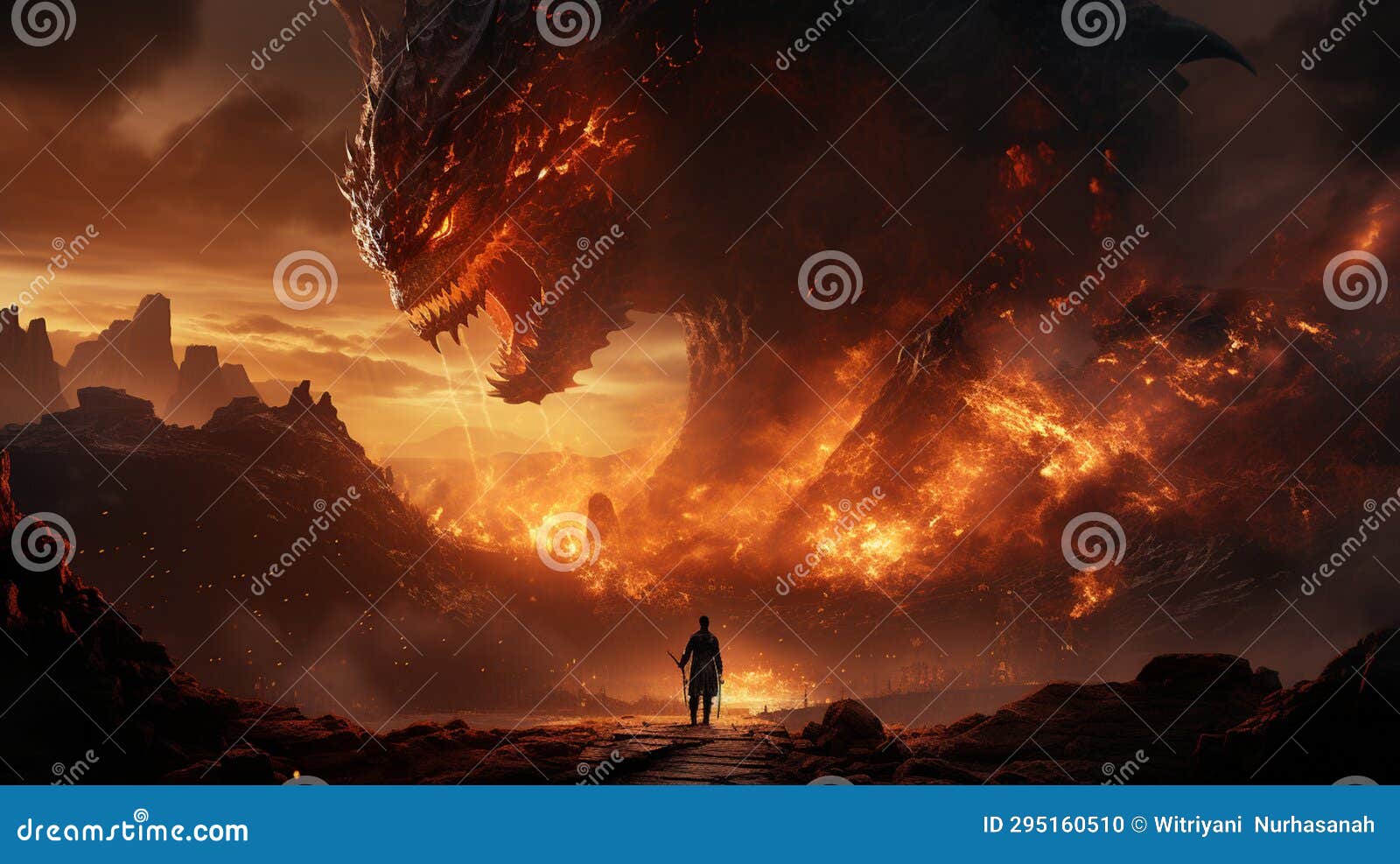 Man Standing in Front of a Fire Dragon. Fantasy Scene. Wizard and Huge ...