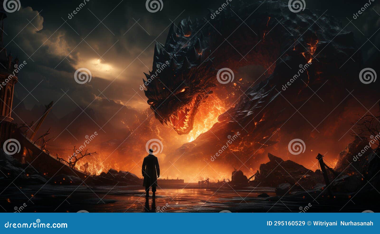 Man Standing in Front of a Fire Dragon. Fantasy Scene. Wizard and Huge ...