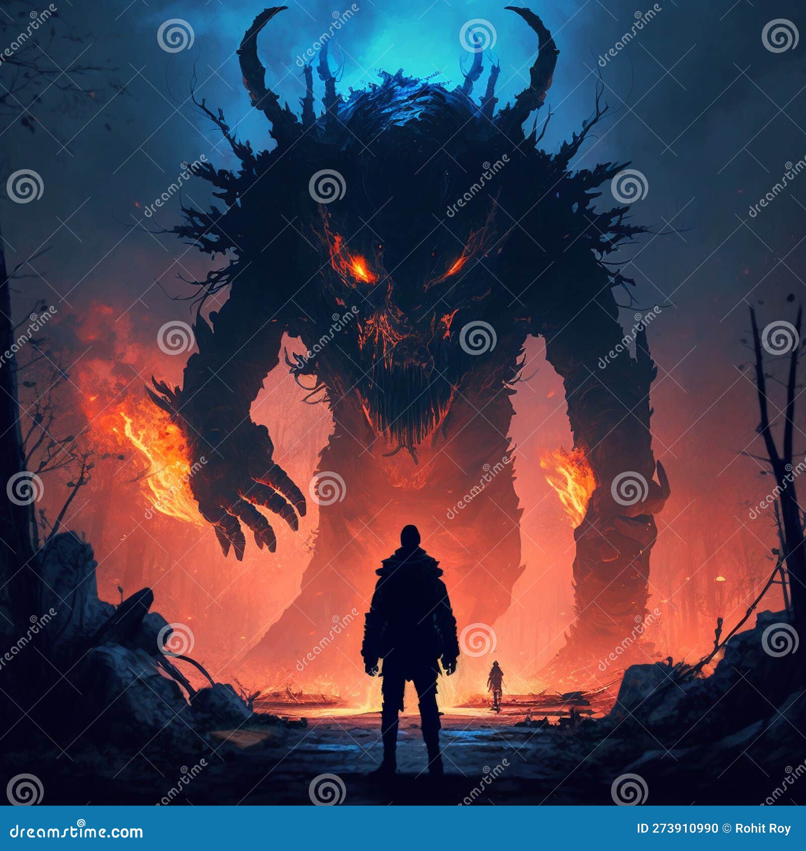 A Man Standing in Front of a Giant Demon Stock Illustration ...