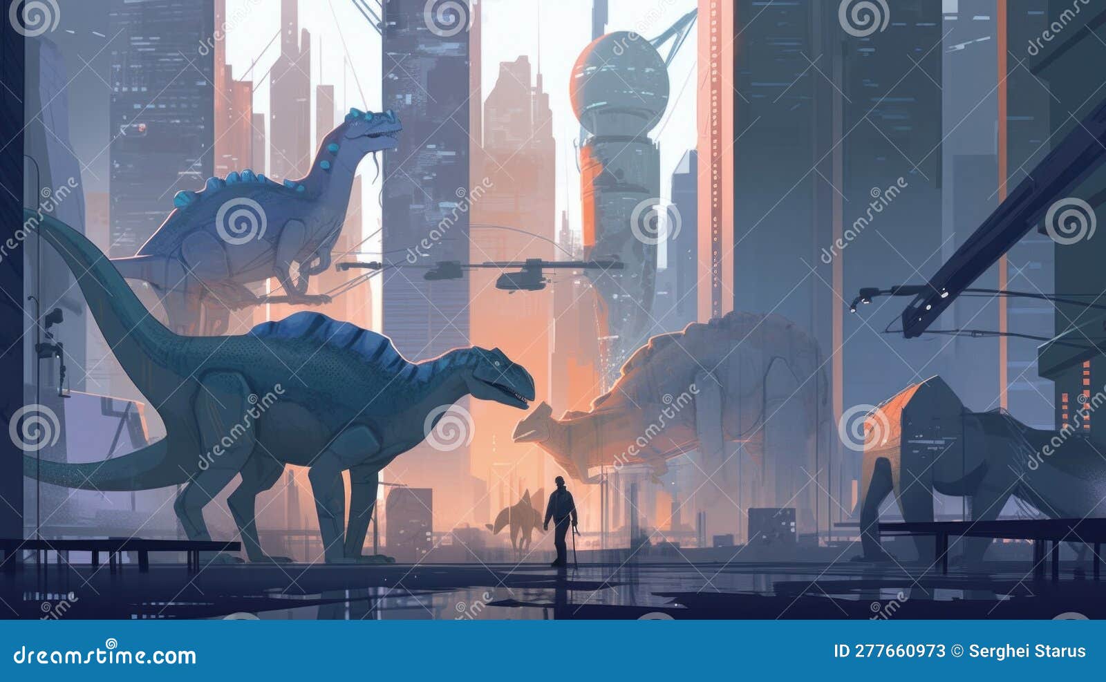 A Man Standing in Front of a Giant Dinosaur. Generative AI Image. Stock ...
