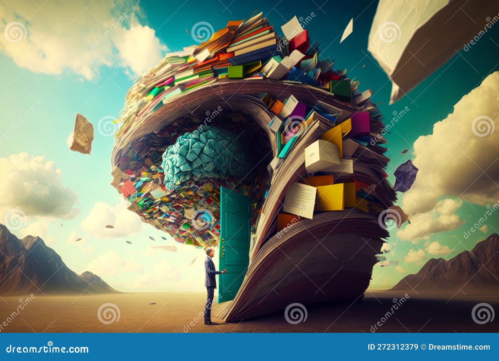 Man Standing in Front of Giant Stack of Books in the Middle of Desert ...