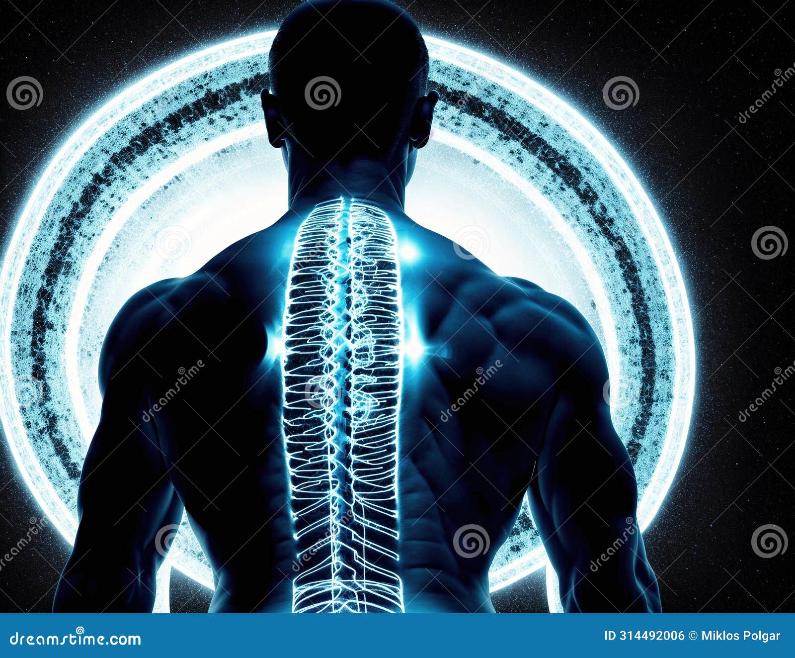 A Man Standing in Front of a Glowing Circular Structure with His Back ...