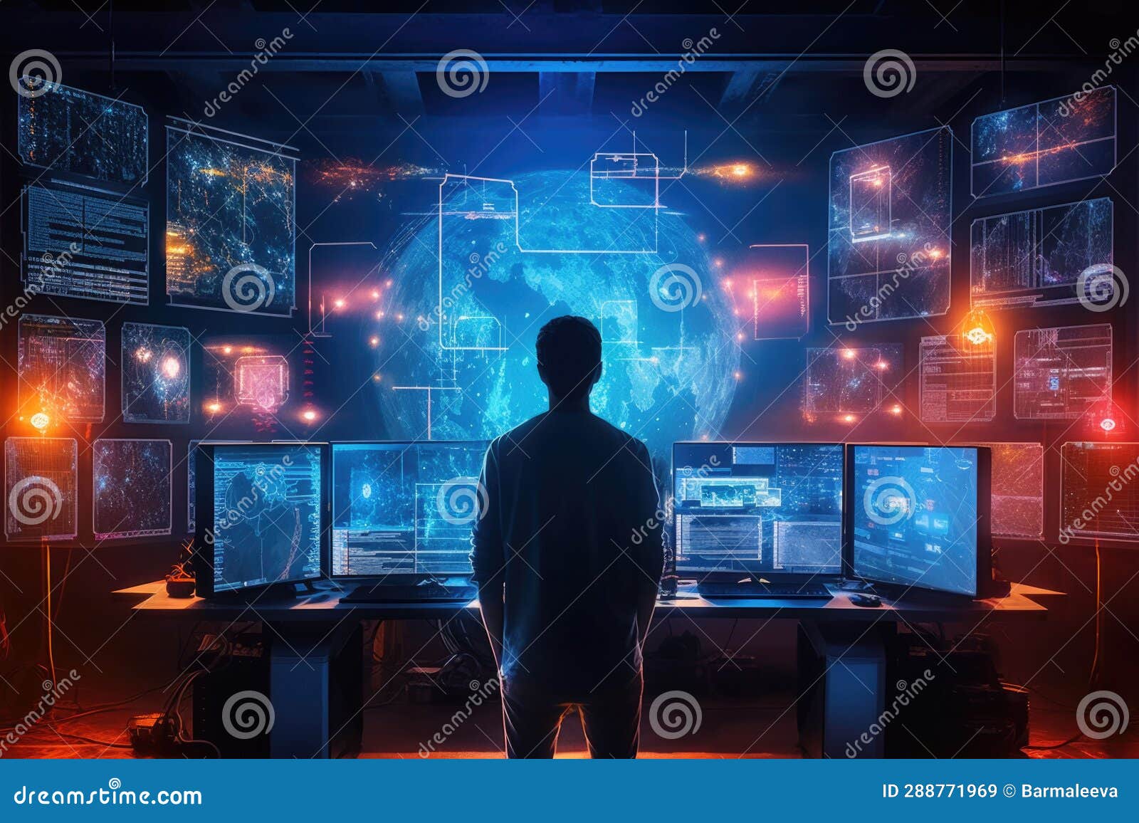 Man Standing in Front of Glowing Monitors. Data Charts and Numbers on ...