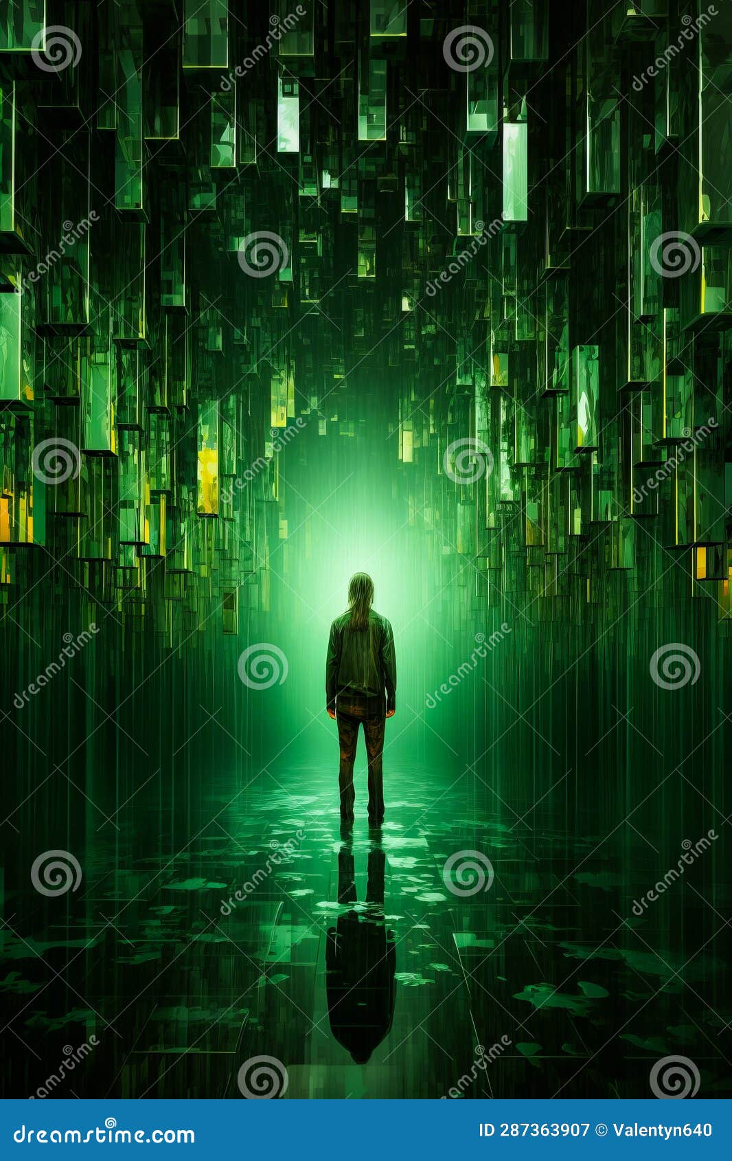 Man Standing in Front of Green Light Surrounded by Cubes. Generative AI ...