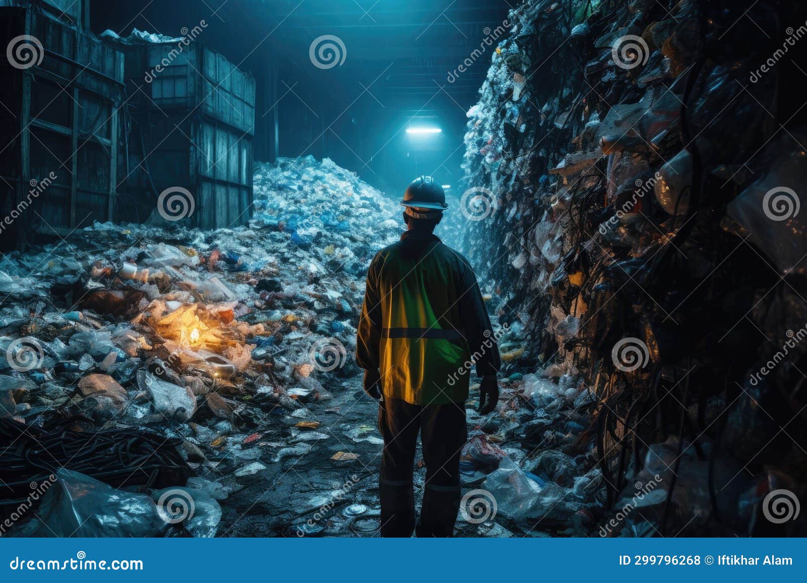 Man Standing in Front of a Huge Garbage Dump in the Night, a Worker at ...