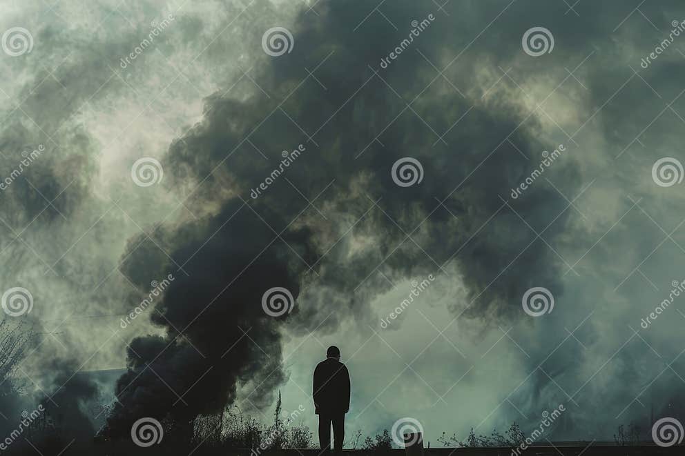 A Man Standing in Front of a Large, Billowing Black Cloud of Smoke ...