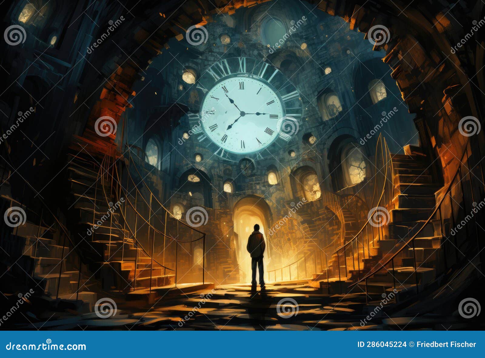 A Man Standing in Front of a Large Clock. Digital Image Stock ...