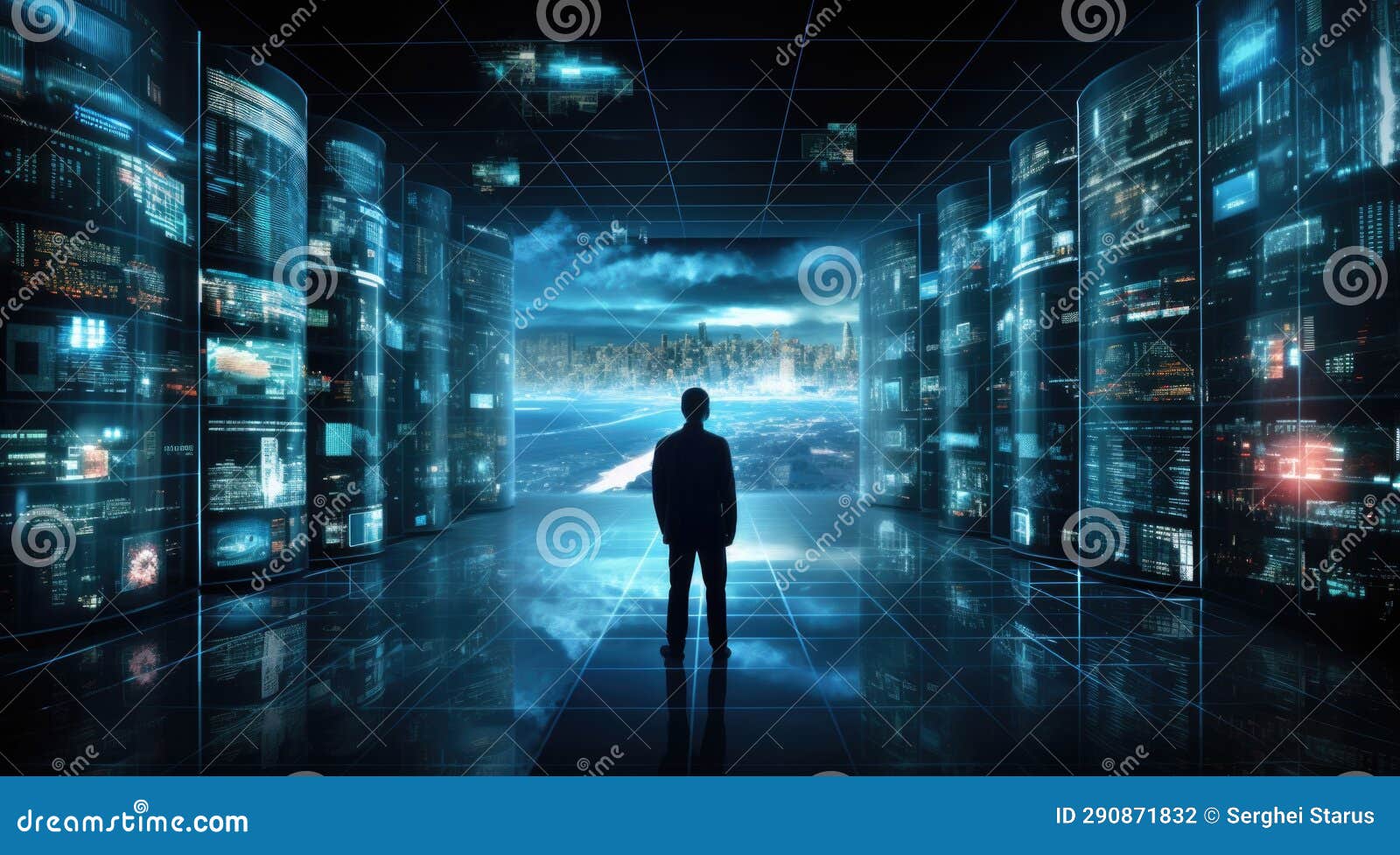 A Man Standing in Front of a Large Data Center. AI Stock Photo - Image ...