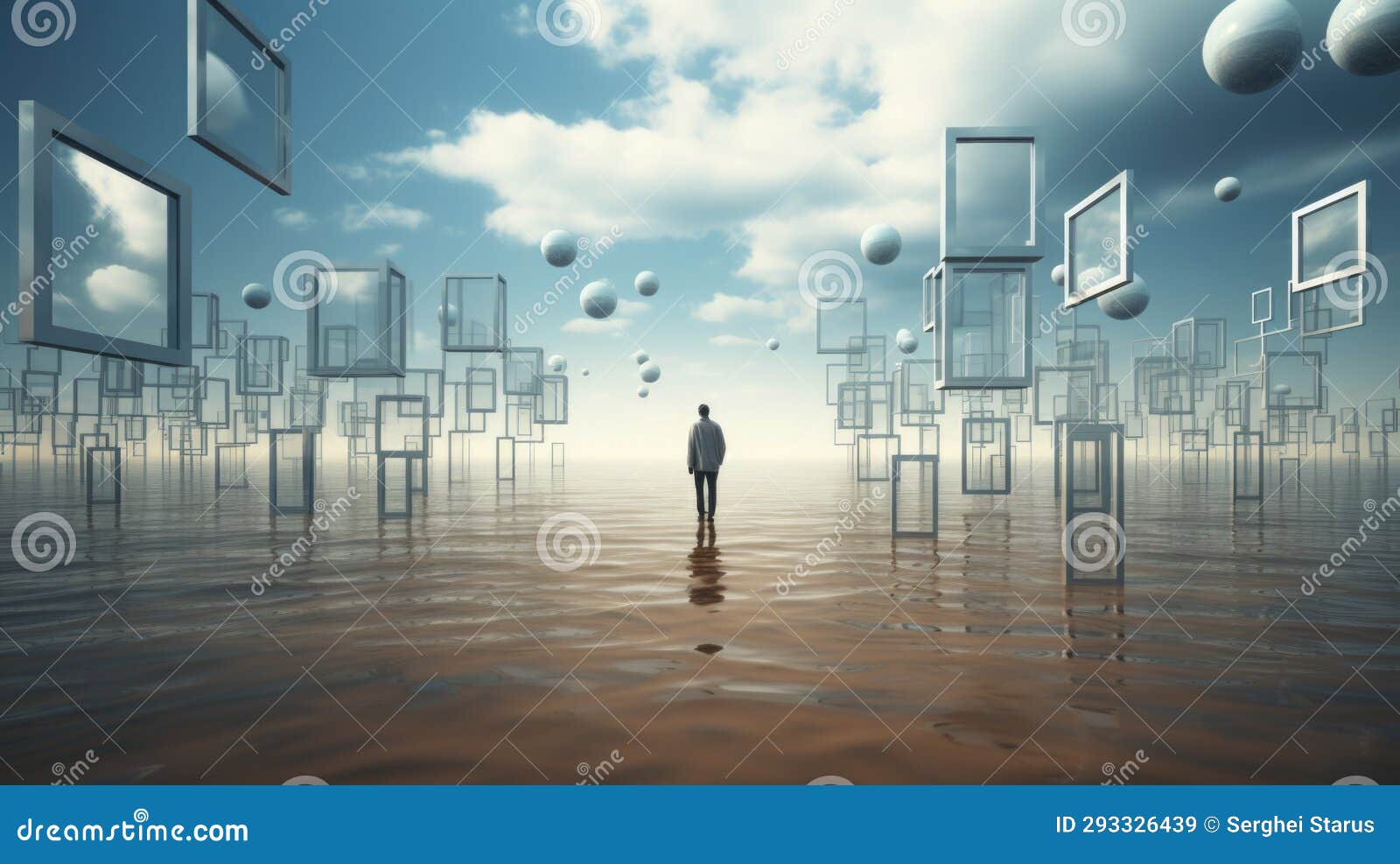 A Man Standing in Front of a Large Group of Frames, AI Stock ...