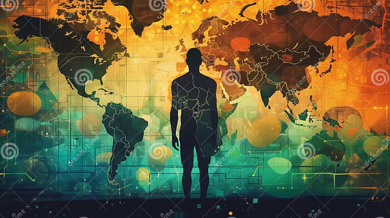 A Man Standing in Front of a Large Map of the World, Studying the ...