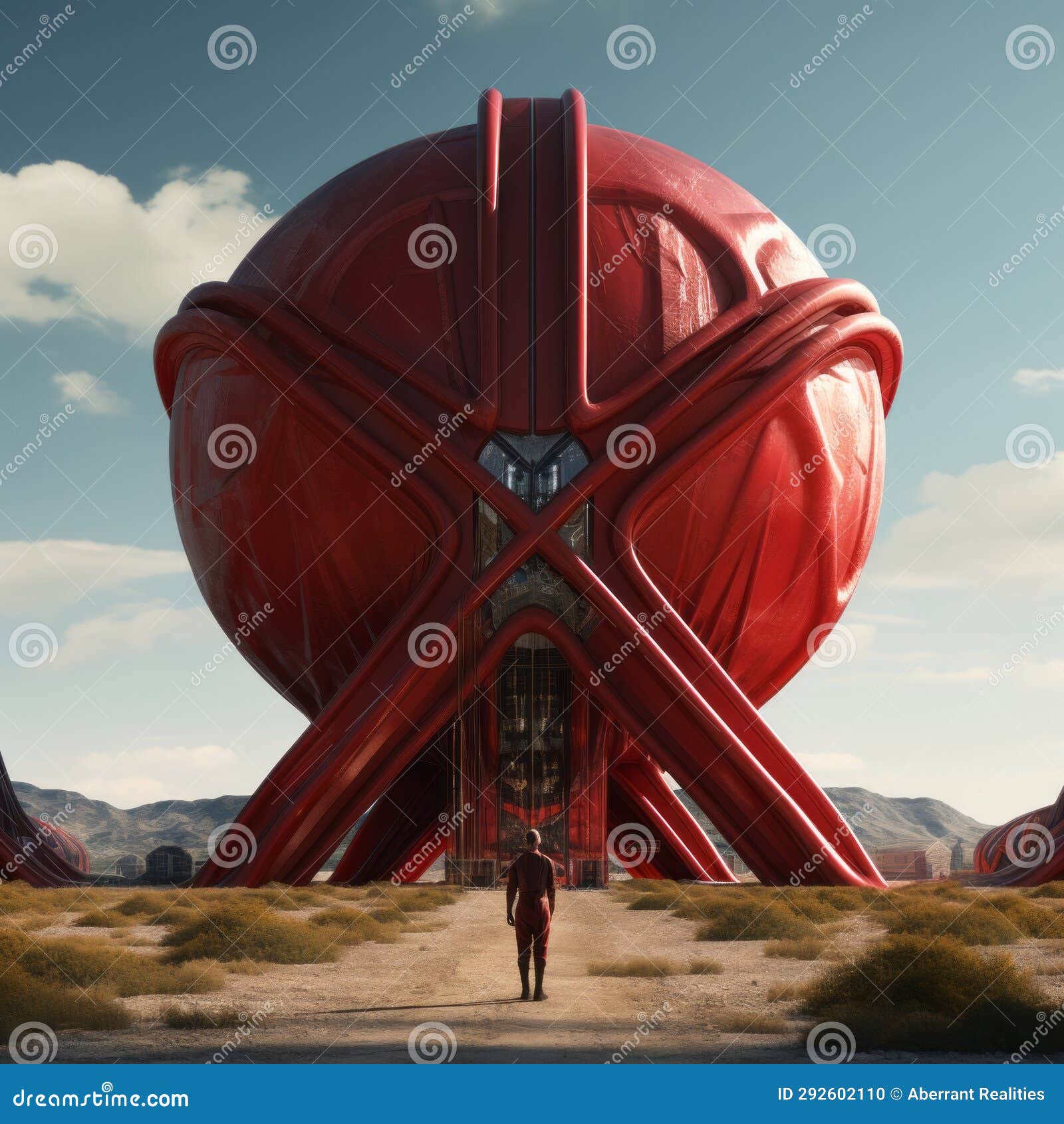 A Man Standing in Front of a Large Red Sphere in the Desert Stock ...