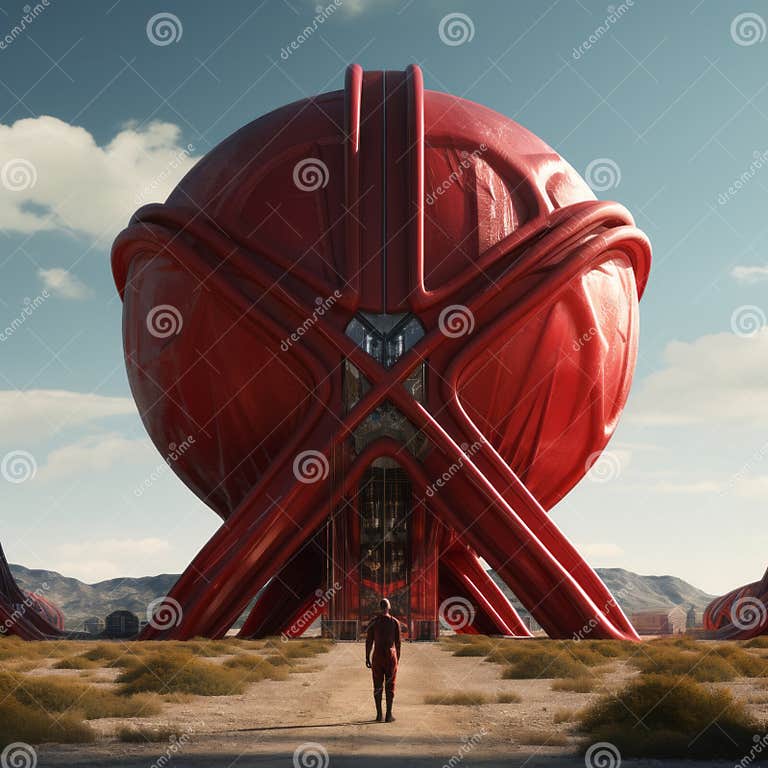 A Man Standing in Front of a Large Red Sphere in the Desert Stock ...