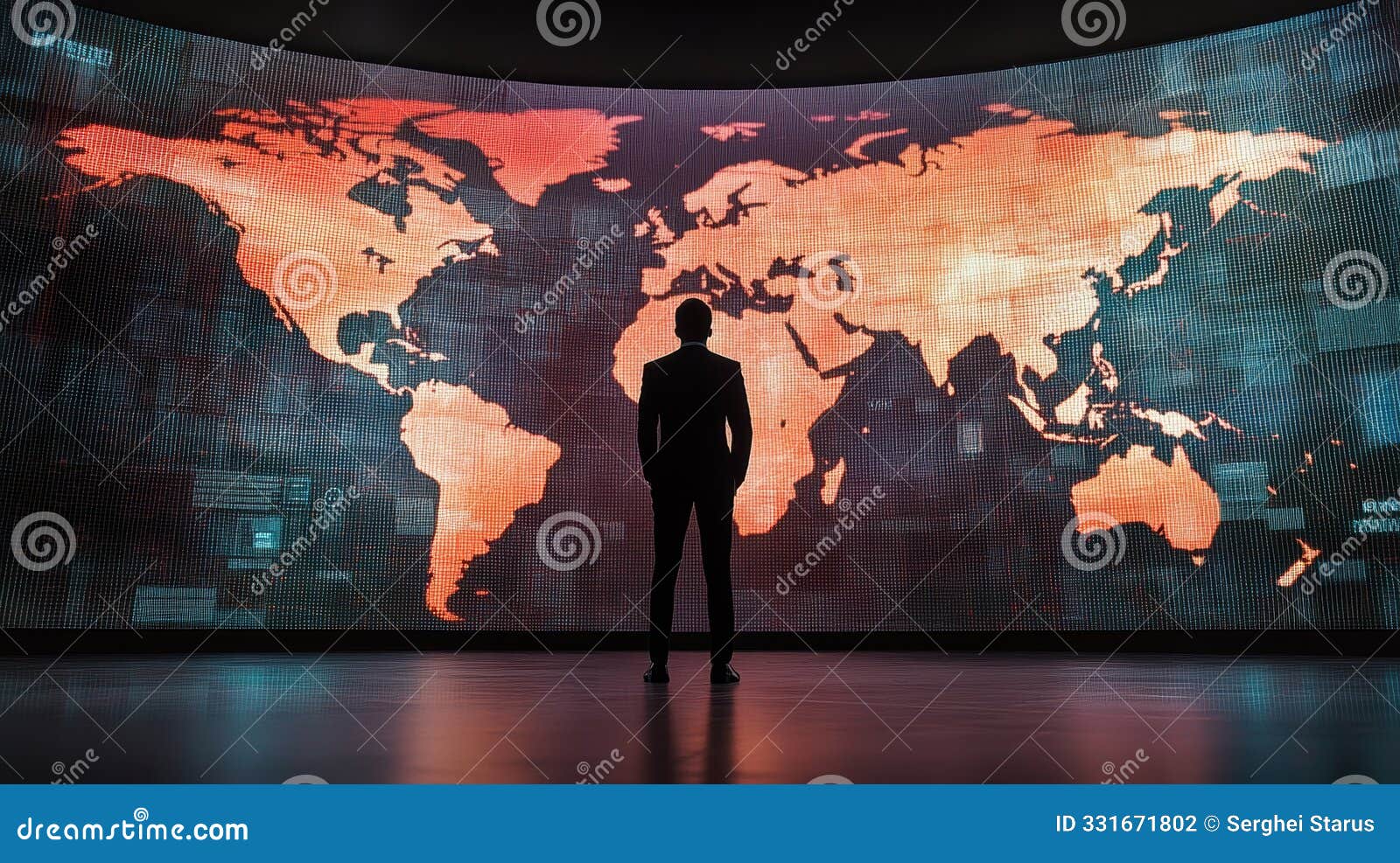 A Man Standing in Front of a Large Screen with the World Map on it, AI ...