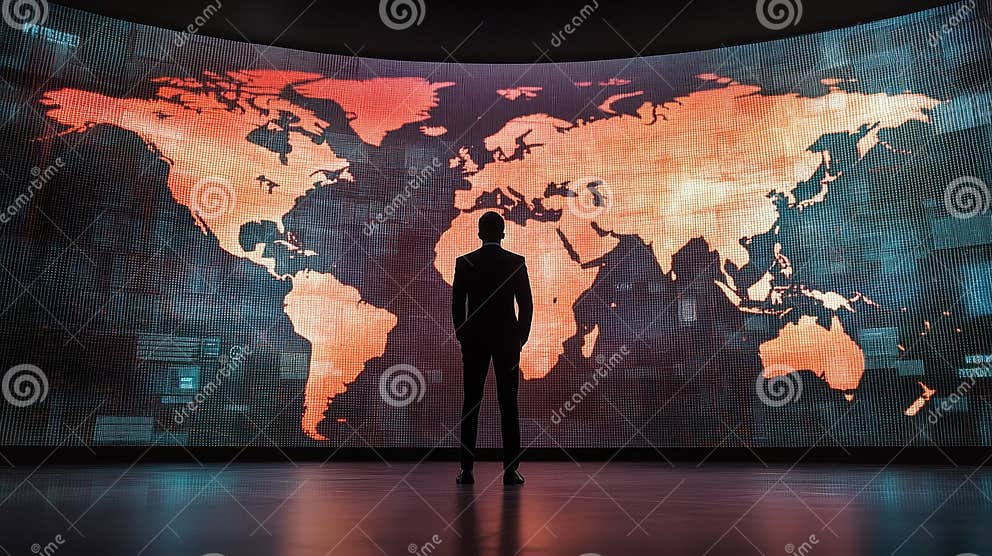 A Man Standing in Front of a Large Screen with the World Map on it, AI ...