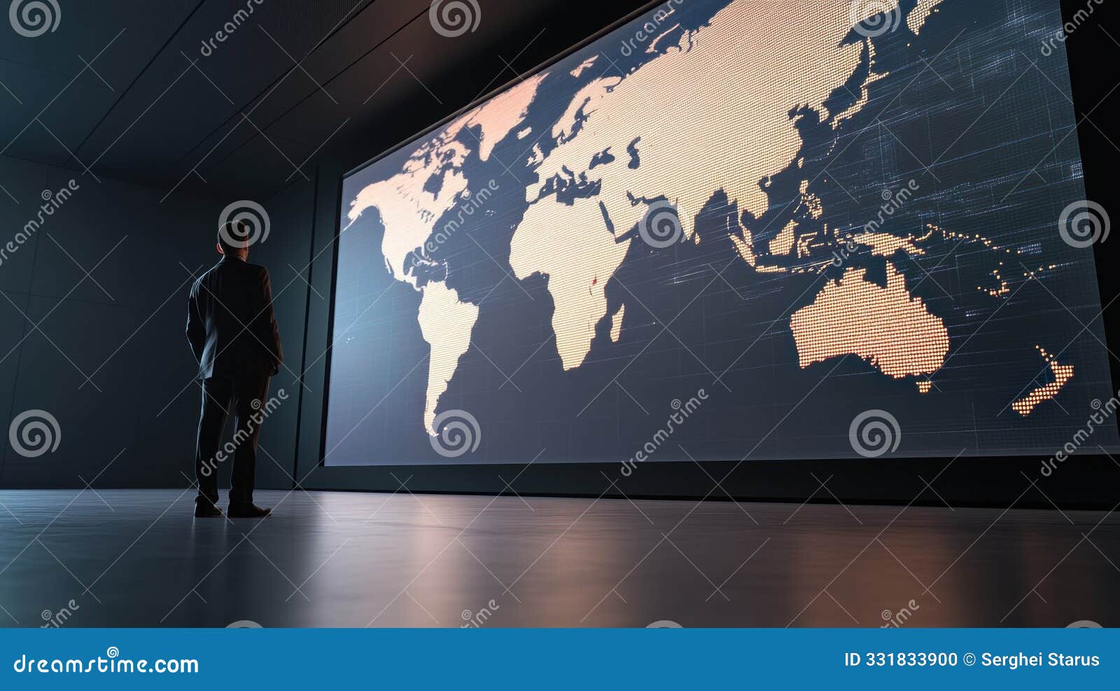 A Man Standing in Front of a Large Screen with the World Map on it, AI ...