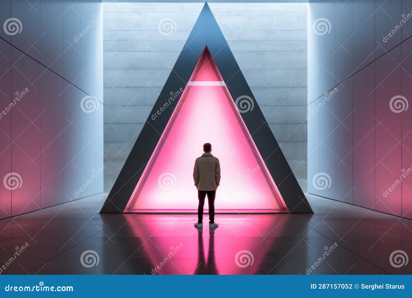 A Man Standing in Front of a Large Triangle Shaped Light. Generative AI ...