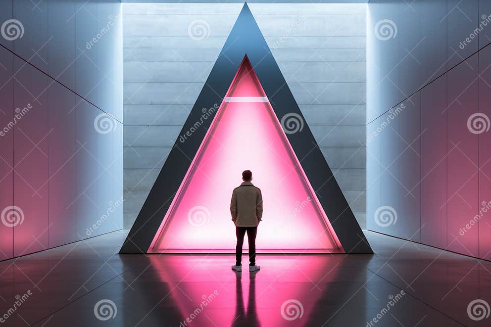 A Man Standing in Front of a Large Triangle Shaped Light. Generative AI ...
