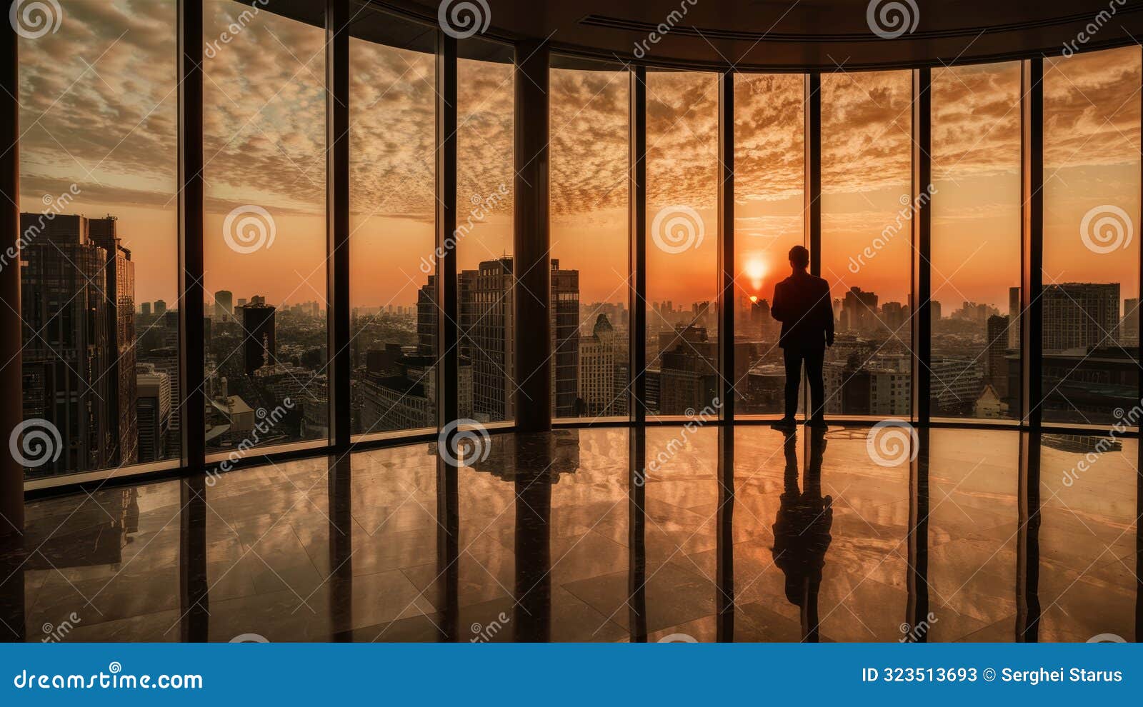 A Man Standing in Front of a Large Window Looking Out at the City, AI ...