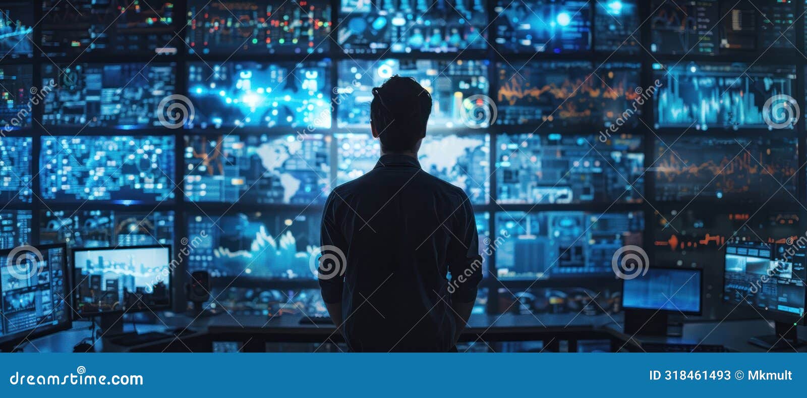 Man Standing in Front of Multiple Monitors Stock Image - Image of ...