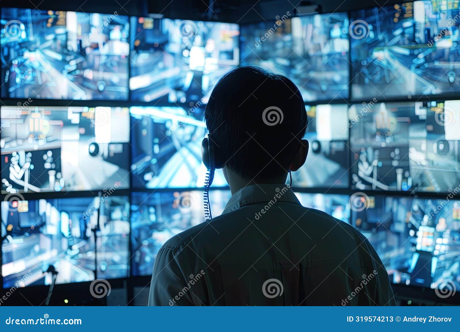 A Man is Standing in Front of Multiple Television Screens Stock ...