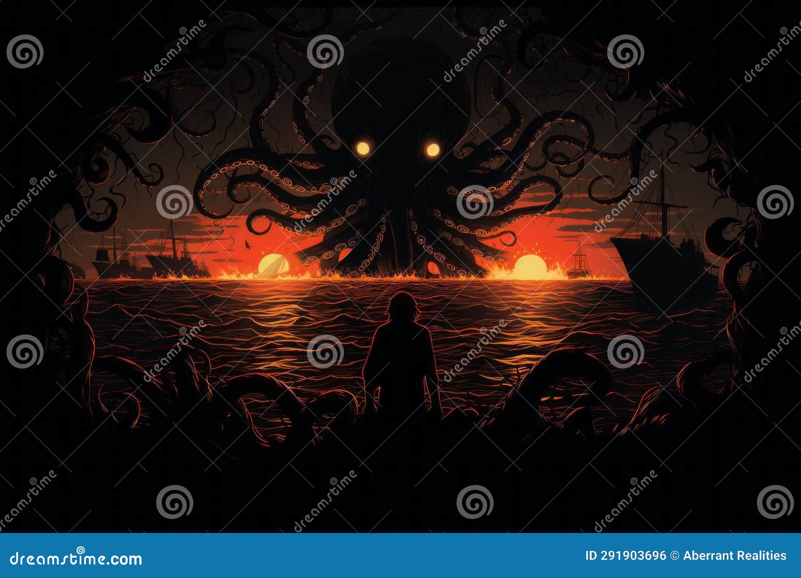 A Man Standing in Front of an Octopus at Sunset Stock Illustration ...