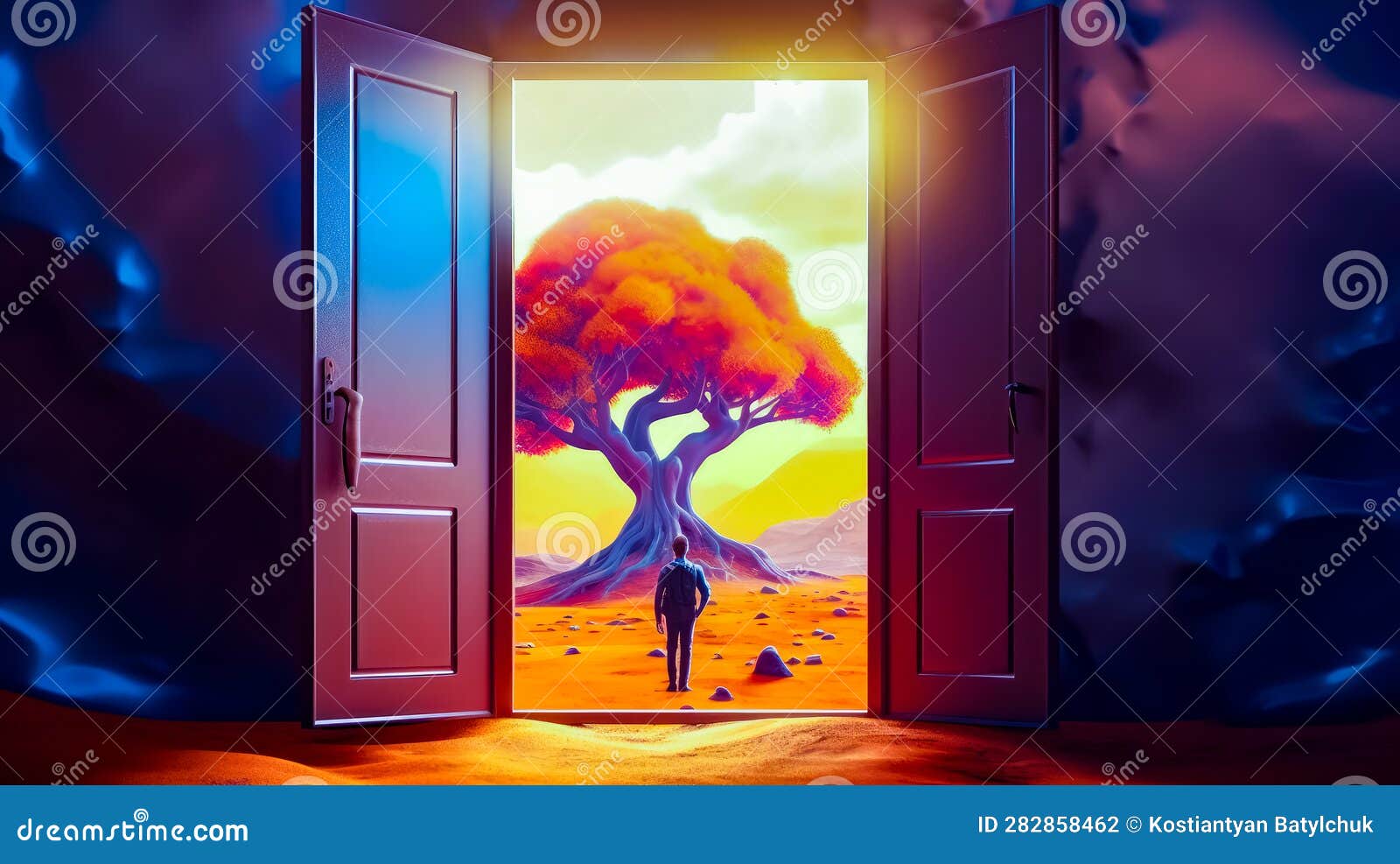Man Standing in Front of Open Door with Tree on it. Generative AI Stock ...