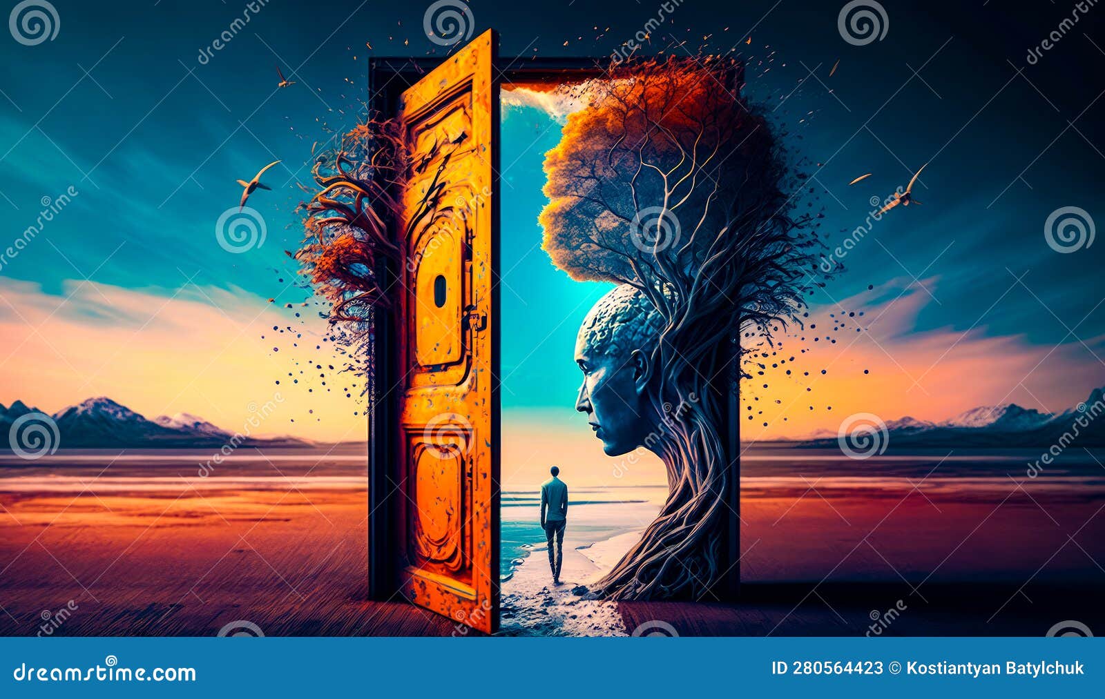 Man Standing in Front of Open Door with Tree Growing Out of it ...