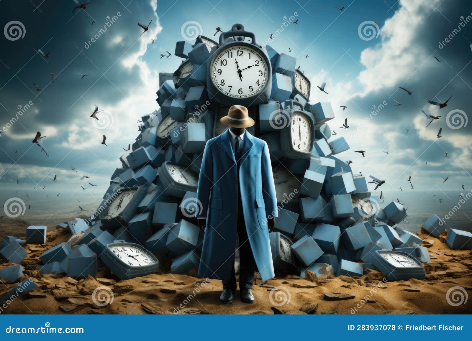 A Man Standing in Front of a Pile of Clocks. Generative AI Image. Stock ...