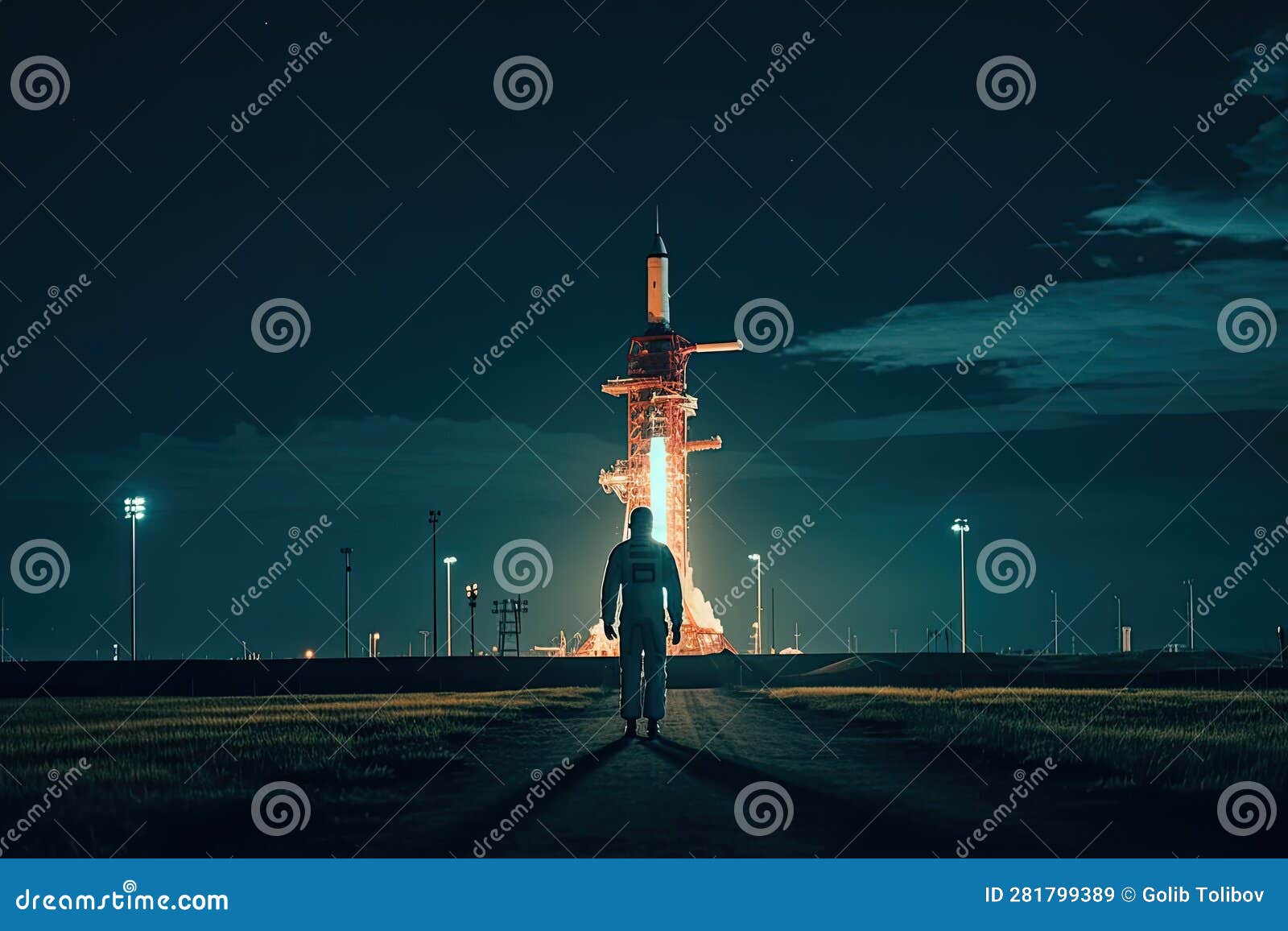 A Man Standing in Front of a Rocket at Night Stock Illustration ...