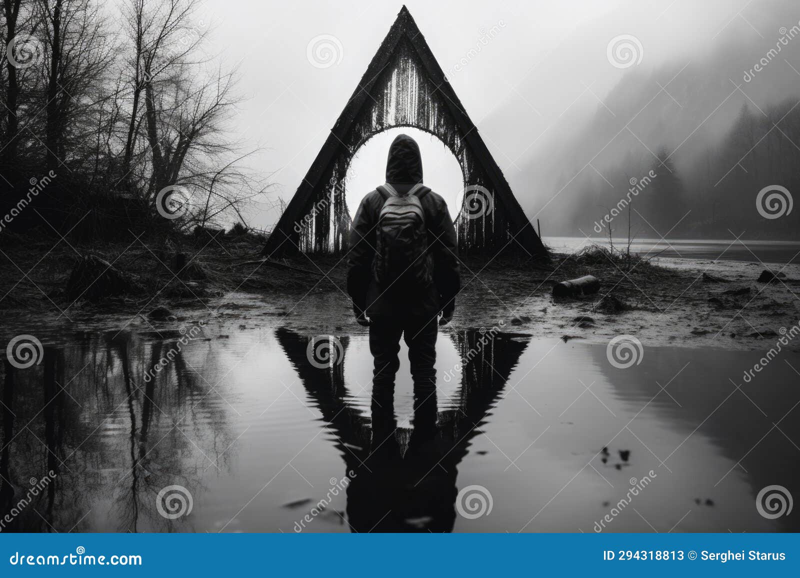 A Man Standing in Front of a Triangle Shaped Structure, AI Stock Image ...