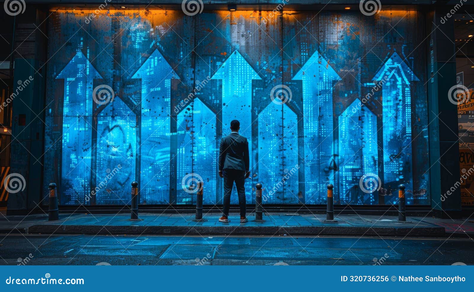 Man Standing in Front of a Wall with Blue Arrow Graffiti Pointing ...