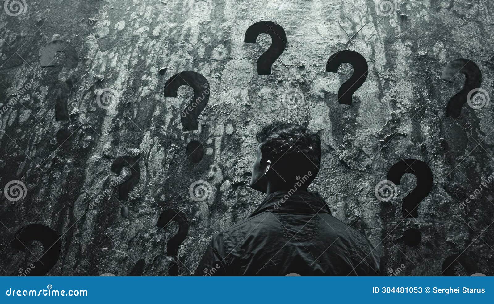 A Man Standing in Front of a Wall with Many Question Marks, AI Stock ...