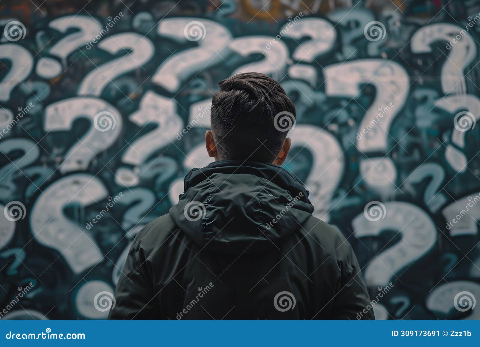 Man Standing in Front of Wall with Many Question Marks Drawings ...